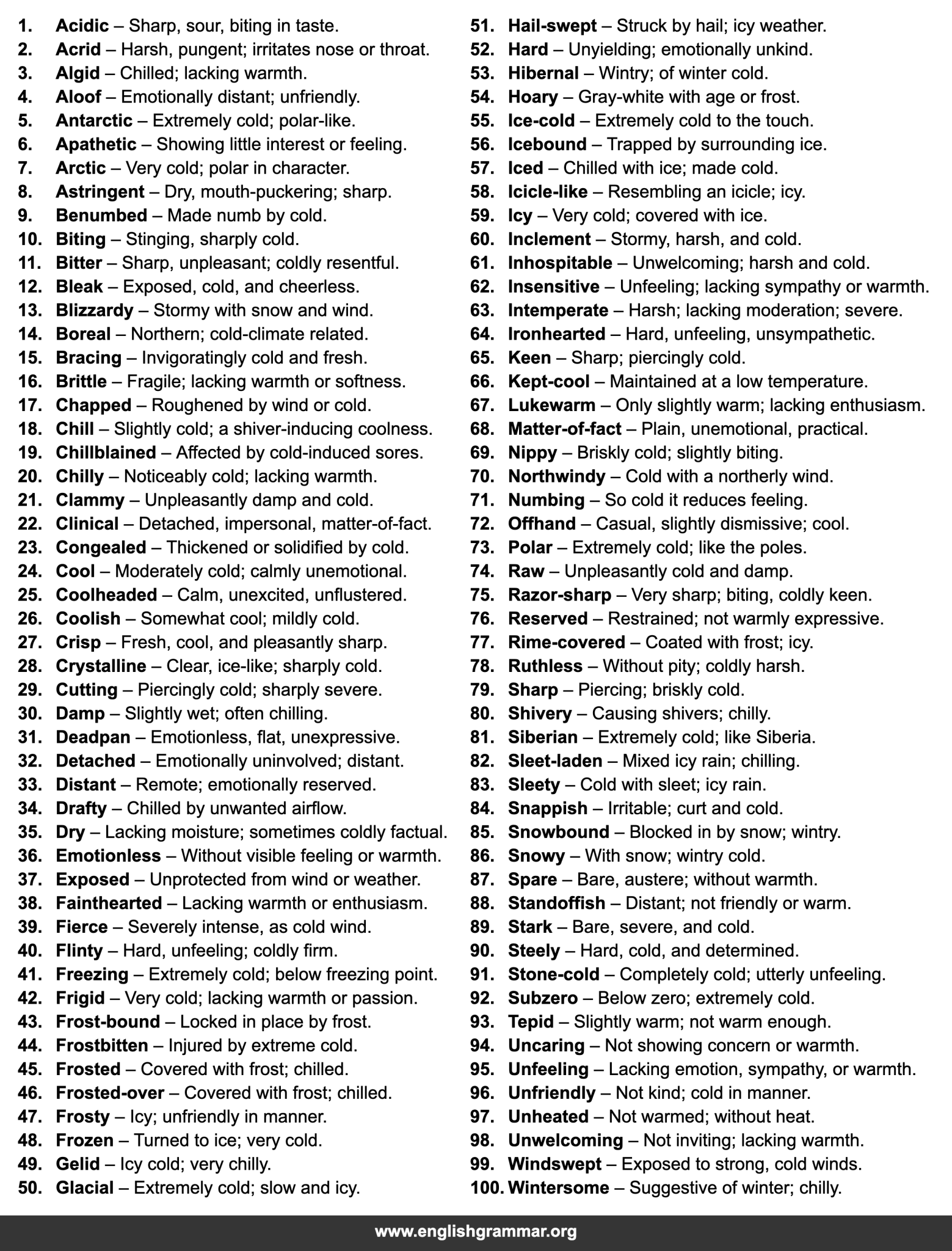 100 Other Words for “Cold”