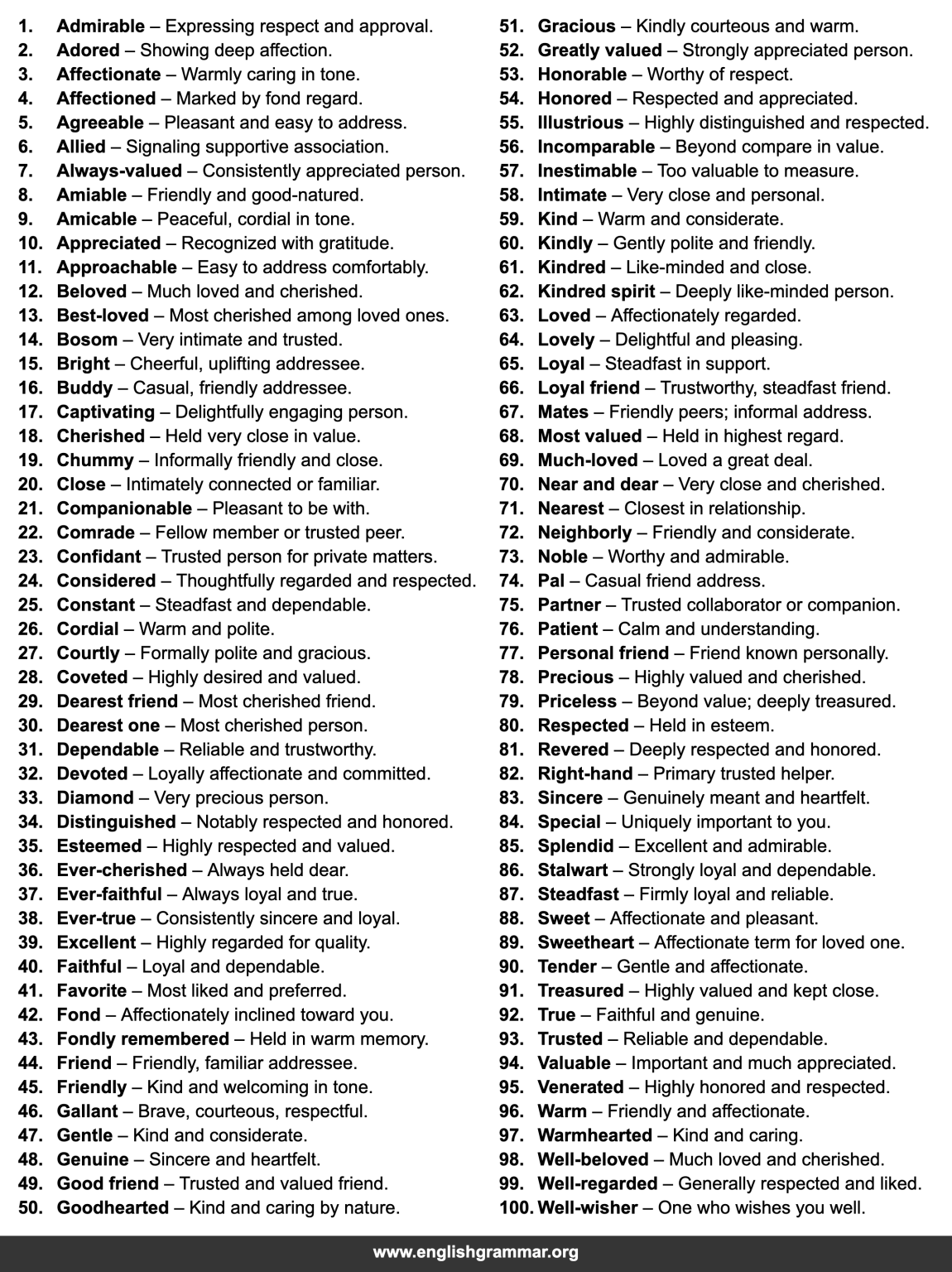 100 Other Words for “Dear” (in Letter)