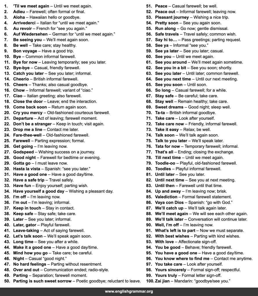 100 Other Words for “Goodbye”