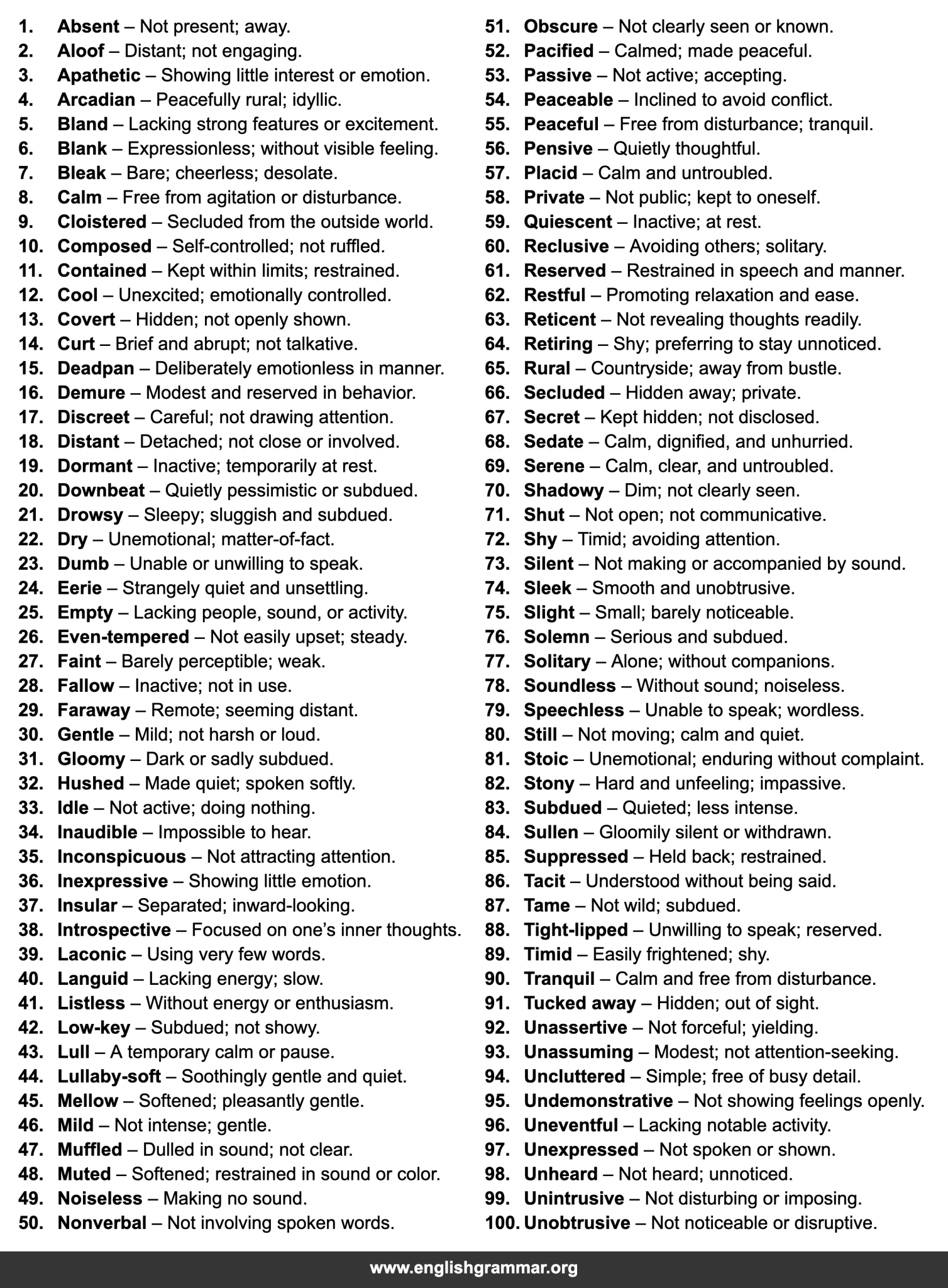 100 Other Words for “Quiet”