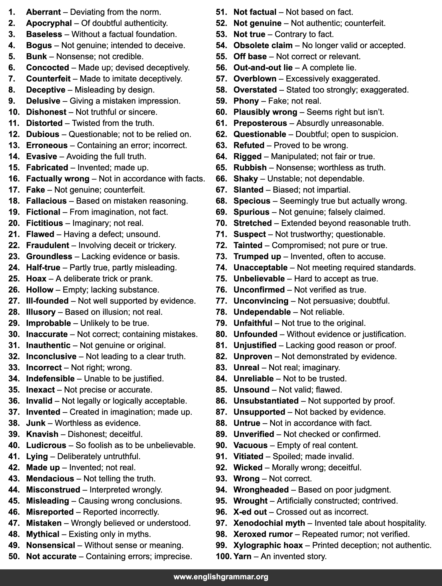 100 Words to Use Instead of “False”