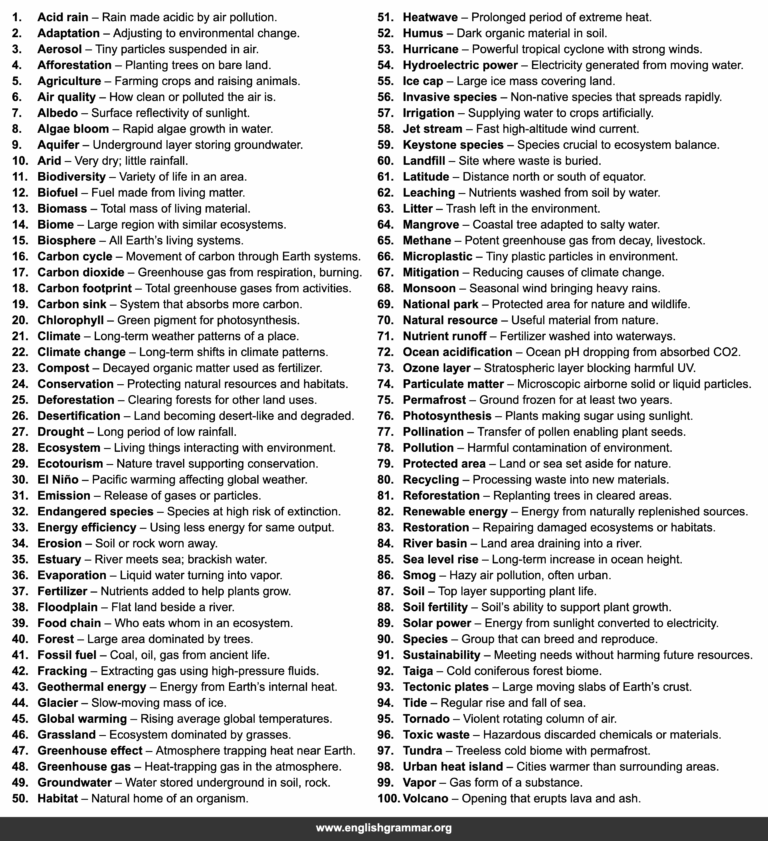 100 Words Related to Earth & Environment