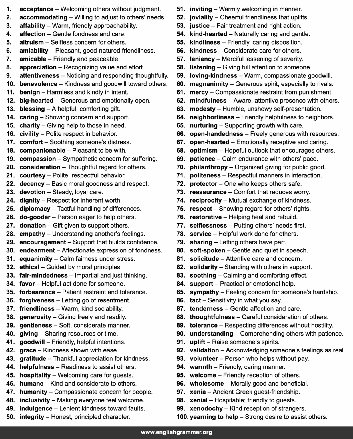 100 Words Related to Kindness