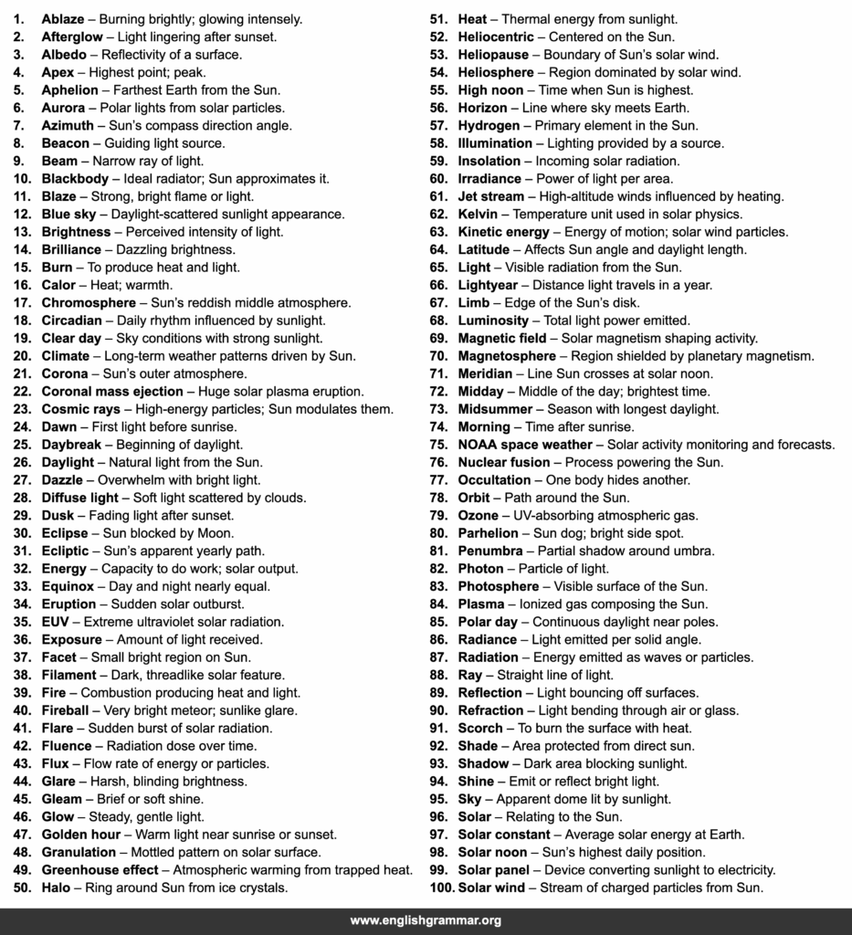 100 Words Related to Sun