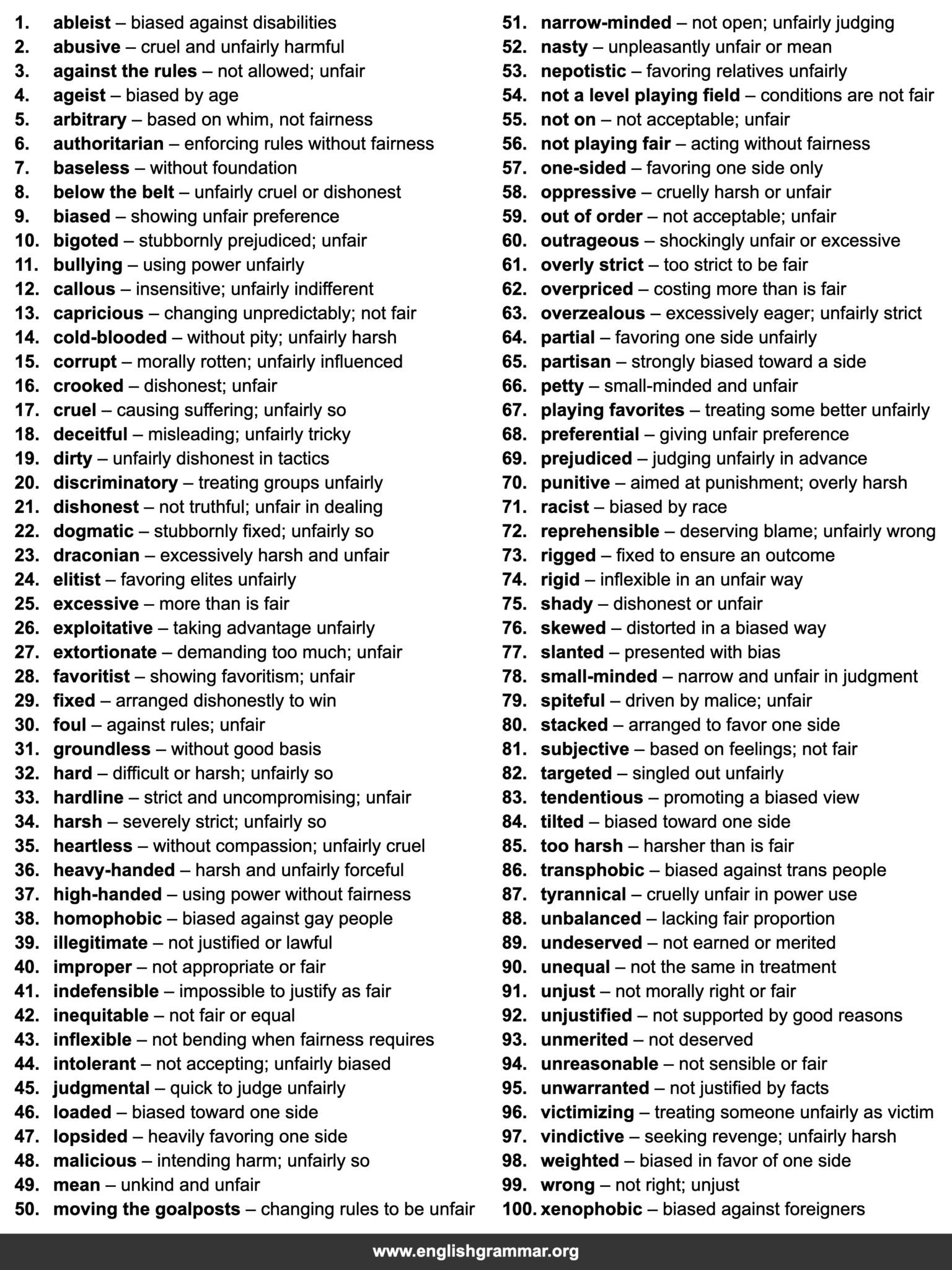 100 Other Words for “Unfair”