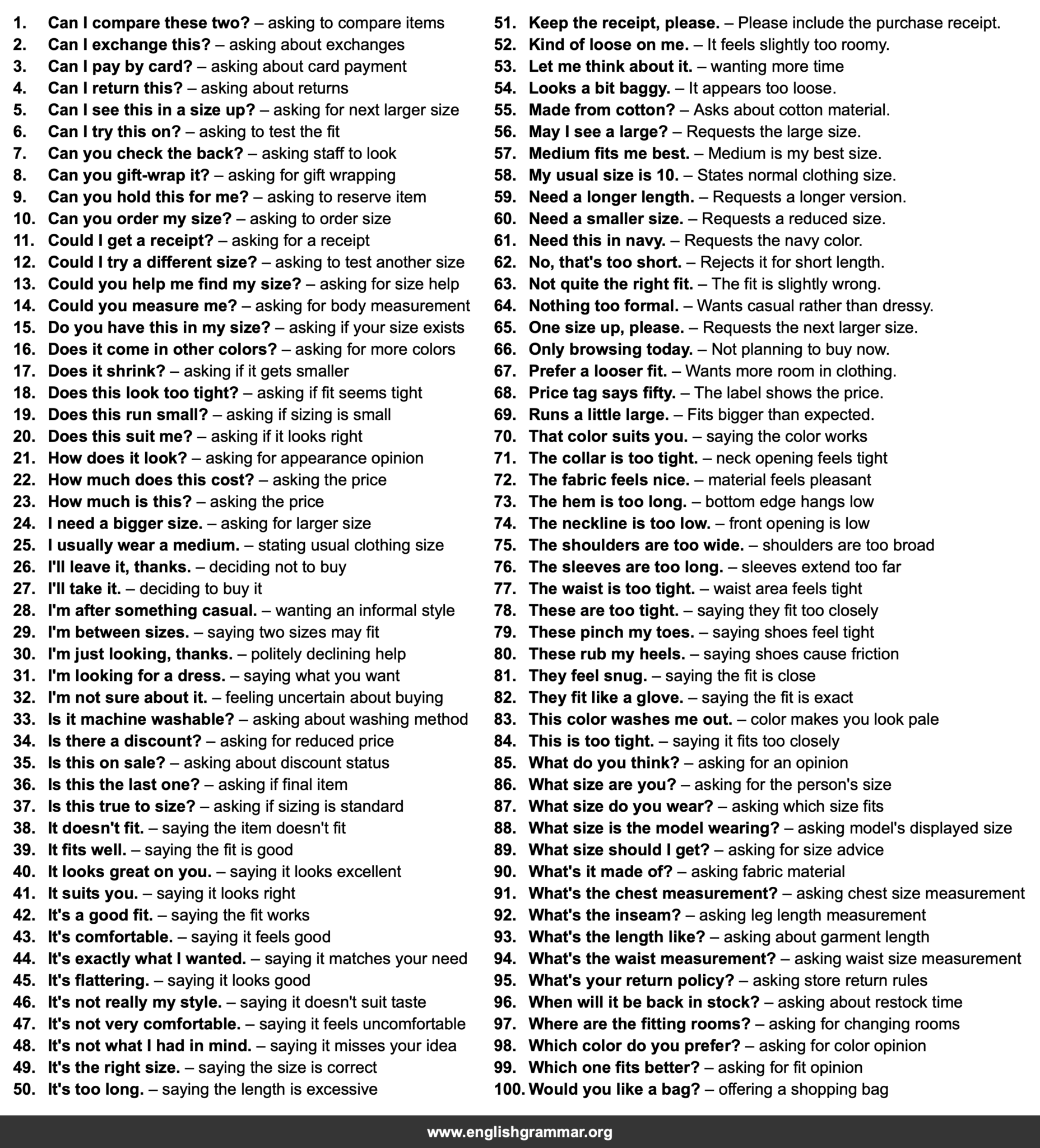 100 English Phrases for Shopping for Clothes and Sizes