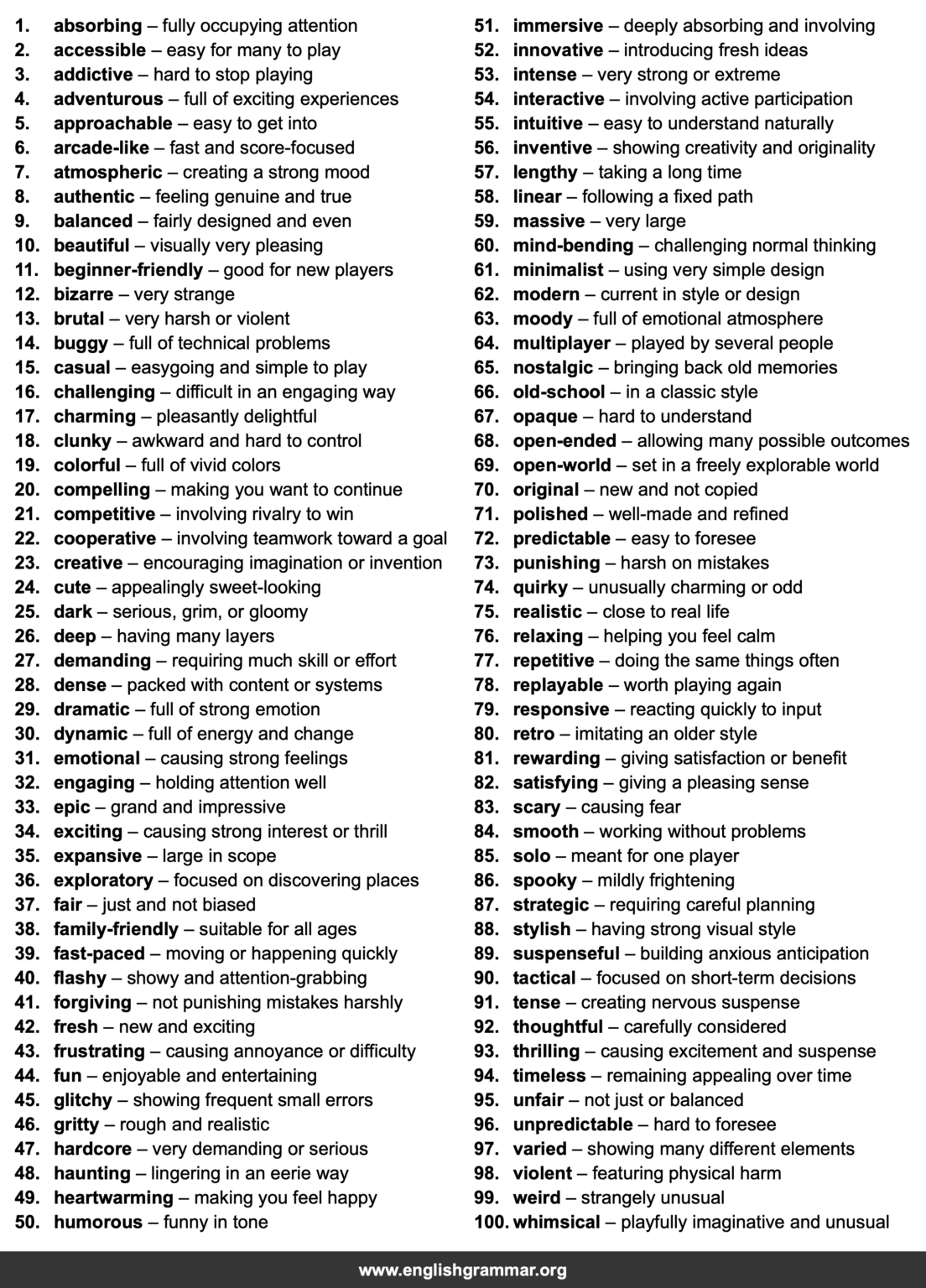 100 Words to Describe Games