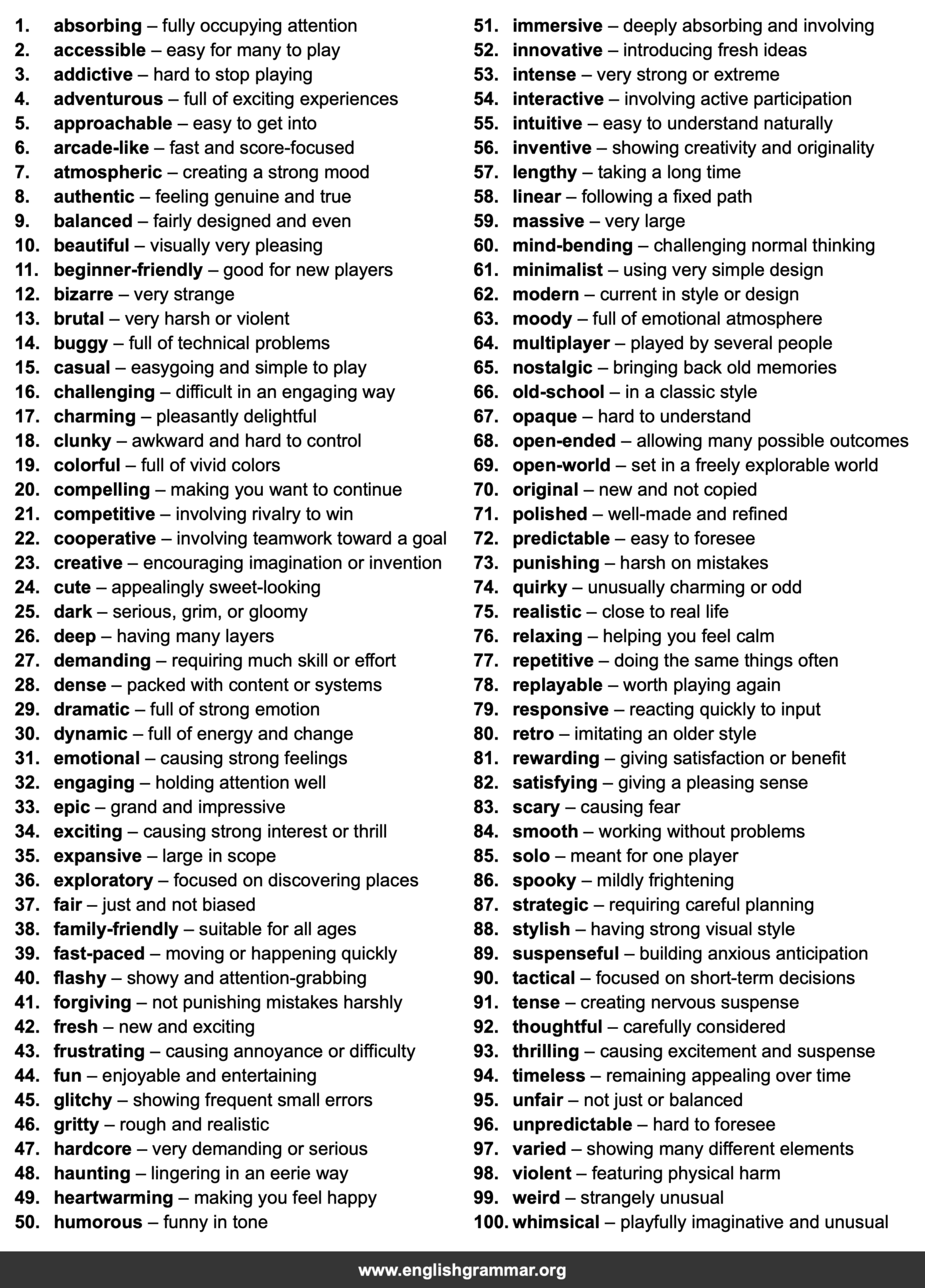 100 Words to Describe Games