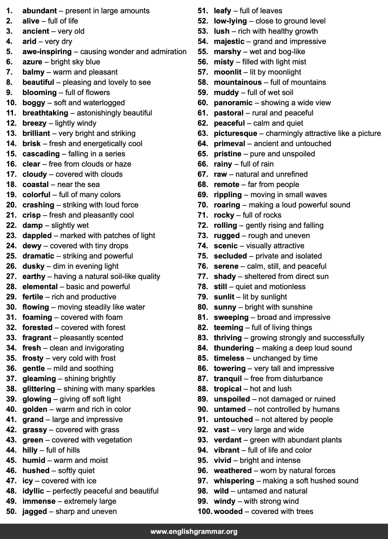 100 Words to Describe Nature