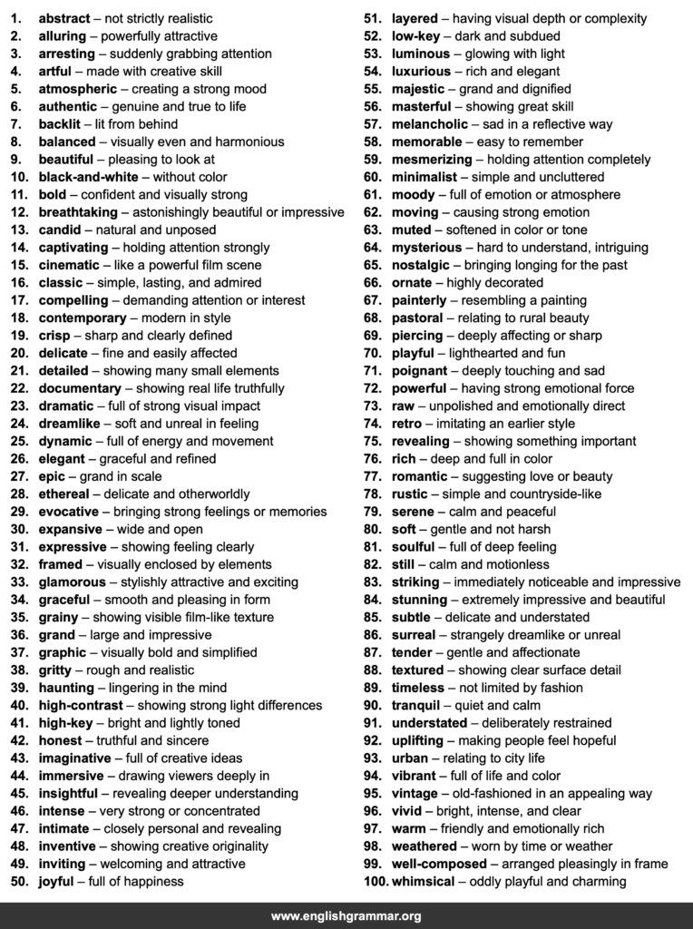 100 Words to Describe Photography