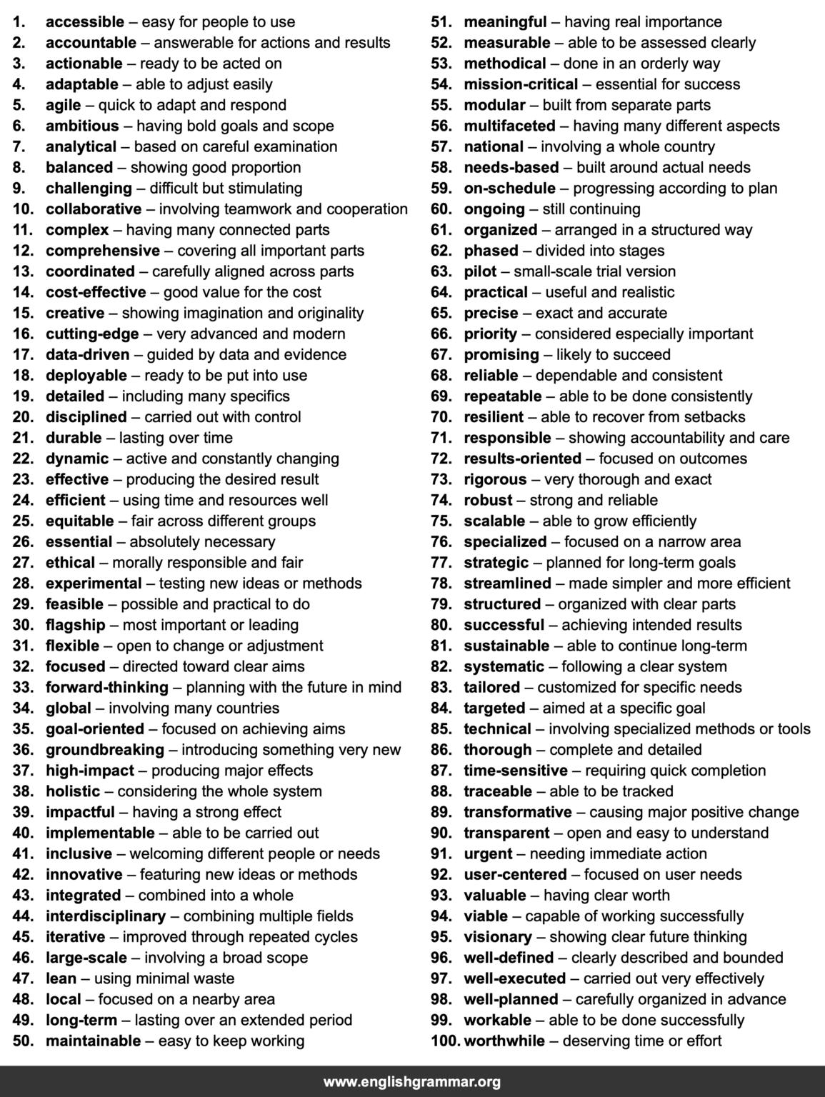 100 Words to Describe Projects