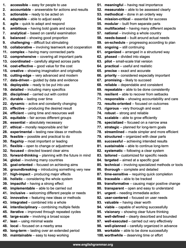 100 Words to Describe Projects