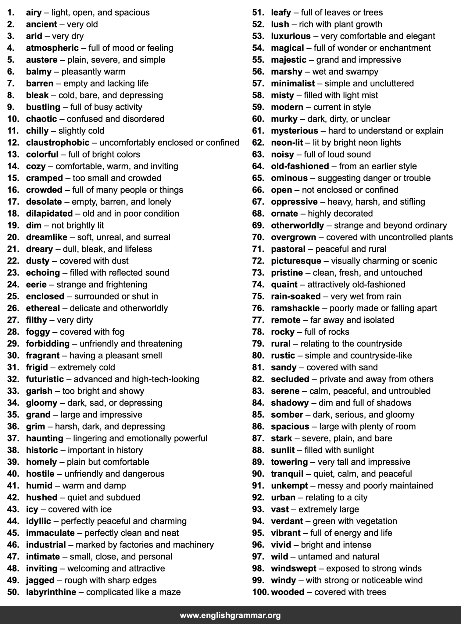 100 Words to Describe Settings