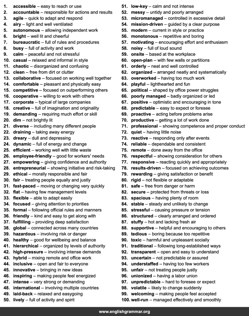 100 Words to Describe a Workplace