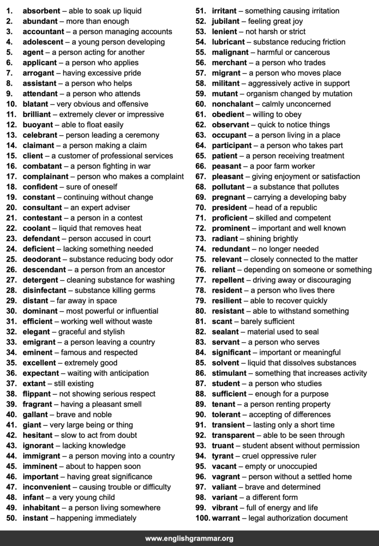 100 Words Ending in -ant