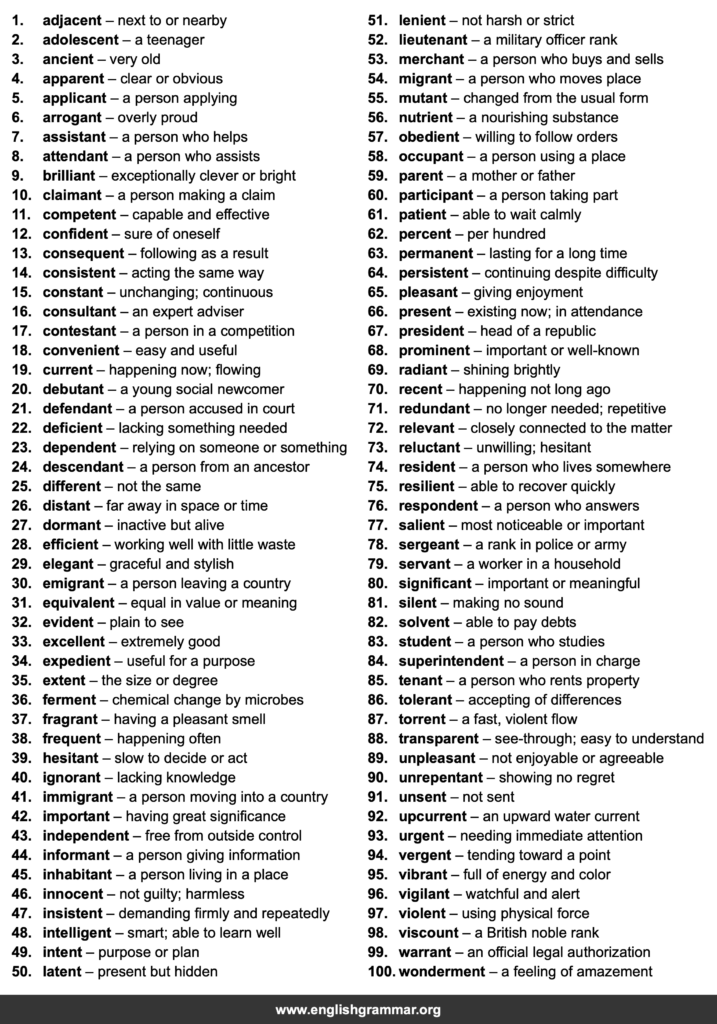 100 Words Ending in -ent